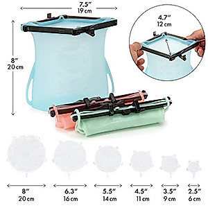 Reusable Silicone Bags for Food Storage - 3 x 1.5L (51oz) Silicone Food Storage Bags + 6 Stretch Lids Bowl Covers to Lock in Freshness + 2 Bonus Sealer Clips - Freezer, Microwave & Dishwasher Safe