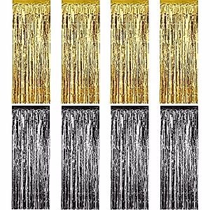 Sumind 8 Pack Foil Curtains Fringe Curtains Tinsel Backdrop Metallic Curtains for Birthday Wedding Party Photo Booth Decorations (Gold and Black)