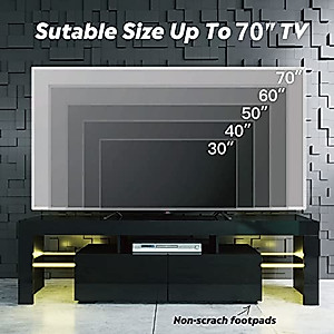 Qiyom Modern High Gloss LED TV Stand for TVs Up to 70", Media Console with 2 Drawers and 2 Glass Shelf, Rustic Entertainment Center for Living Room - Black