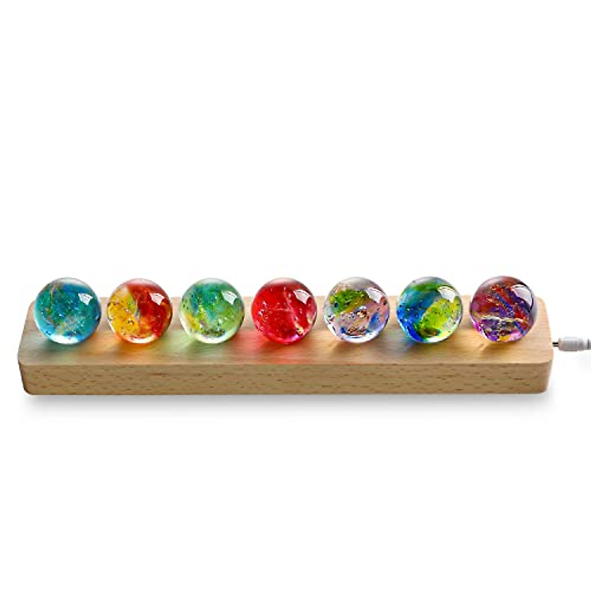 KRISININE 7 Chakra Natural Healing Spheres with LED Wooden Stand 40mm Crystal Quartz Stones for Meditation Positive Energy Night Light Decoration Balls Set for Home Gift Boxed USB