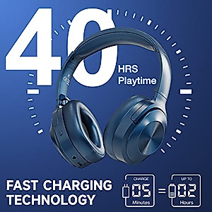 FORALL Active Noise Cancelling Headphones, Over Ear Wireless Bluetooth Headphones, Hi-Res Audio, Deep Bass Memory Foam Ear Cups, 40H Playtime for Travel Home Office - Blue