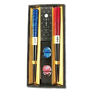 Premium Japanese Chopsticks Reusable with Chopsticks Rest Set of 2 Pairs[ Made in Japan ] Traditional Lacquer Art Wooden Chopsticks (Splashed Pattern BL/RD(MK026))