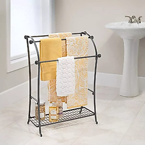MYOYAY Freestanding Towel Rack with Storage Shelf 3-Tier Bathroom Towel Bar Rack Metal Quilt Rack Stand and Display Rack for Bathroom Bedroom Laundry Room