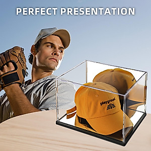 Clear Hat Display Case with Mirror Background,Acrylic Baseball Cap Holder Stand Transparent Hat Storage Box Dustproof Square UV Protection Cabinet with Mirror Base(10.2x8.2x7 inch)