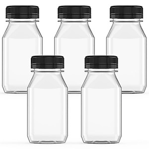 Hulless 6 Ounce Plastic Juice Bottle Drink Containers 5 Pcs Juicing Bottles with Black Lids, Suitable for Juice, Smoothies, Milk and Homemade Beverages