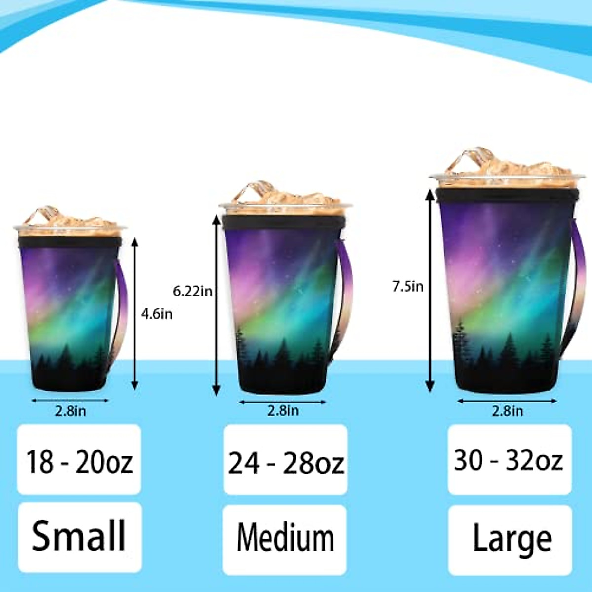 Reusable Iced Coffee Sleeve with Handle Northern lights aurora Insulator Neoprene Cup Sleeve for Cold Drinks Beverages, Men Women Beverages Sleeve Coffee Sleeve Holder 30-32oz