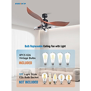 52'' Ceiling Fans with Lights, Upgrade Ceiling Fans with Lights and Remote E27*4 Led Bulbs, 3 Blade Add Wood Modern 52 Inch Bedroom Ceiling Fan with Light for Living Room Bedroom Kitchen Patio