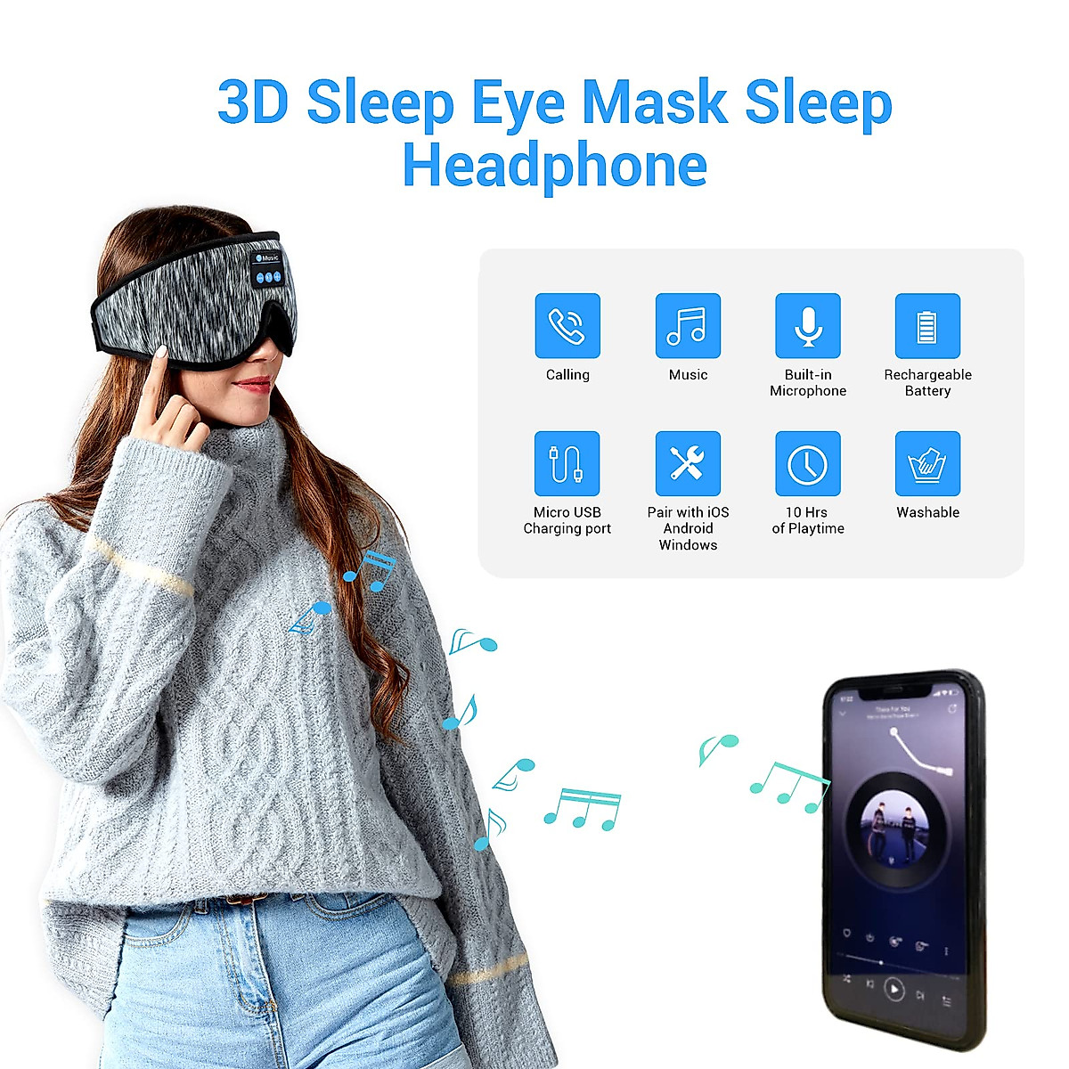 Bluetooth Sleep Eye Mask 3D Sleep Headphone with Headphones with Speakers and Microphone, Wireless Music Sleeping Eye Mask Washable Earbuds for Side Sleeper, Air Travel, Office Nap, Meditation (Grey)