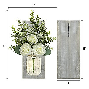 TenXVI Designs Remote Controlled Mason Jar Sconces with Roses and Eucalyptus - Set of 2 - Rustic Farmhouse, Boho, Country Western Home Wall Decoration for a Dining Room, Living Room, Bedroom - Gray