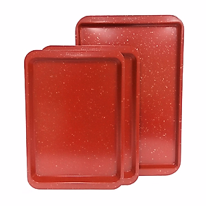 casaWare 3pc Multi-Size Cookie Sheet/Jelly Roll Pan Set (Red Granite)