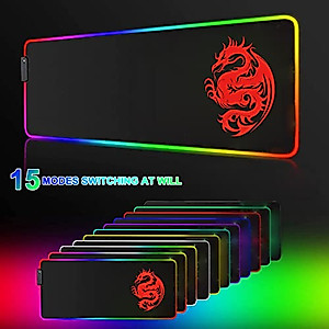 RGB Mouse Pad,Gaming Mouse Pad - 15 Light Modes Extended Computer Keyboard Mousepad,Dragon Mouse Pad,High-Performance LED Mouse Pad Optimized for Gamer 800×300mm/31.5 X 12in (Red)