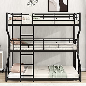 POCIYIHOME Full Over Twin Over Queen Size Triple Bunk Bed with 2 Ladders, Metal Low Bed Frame with Full-Length Guardrail for Kids Teens Girls Boys Bedroom, Space-Saving, No Box Spring Needed, Black