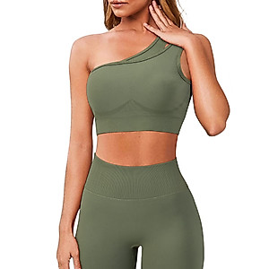 OMKAGI Workout Set for Women 2 Piece Seamless One Shoulder Sports Bra Scrunch Butt Lifting leggings Gym Outfits(M,Army Green)