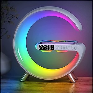 4 in 1 Led Wireless Charging Lamp with Bluetooth Speaker Alarm Clock,Smart Wireless Charger Atmosphere Lamp Night Light for Desk Govee Lamps Bedroom Decor (White)