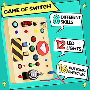 POLKRANE Busy Board with LED Light - Toddler Toys for 1+ year old Boy and Girl, 1-3 year old boy gifts, sensory toys for toddlers 1-3 montessori busy board, light switch toys for toddlers