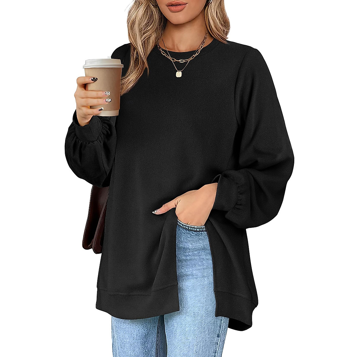 WIHOLL Womens Tops Dressy Casual Long Sleeve Black Crewneck Sweatshirt Lightweight XL