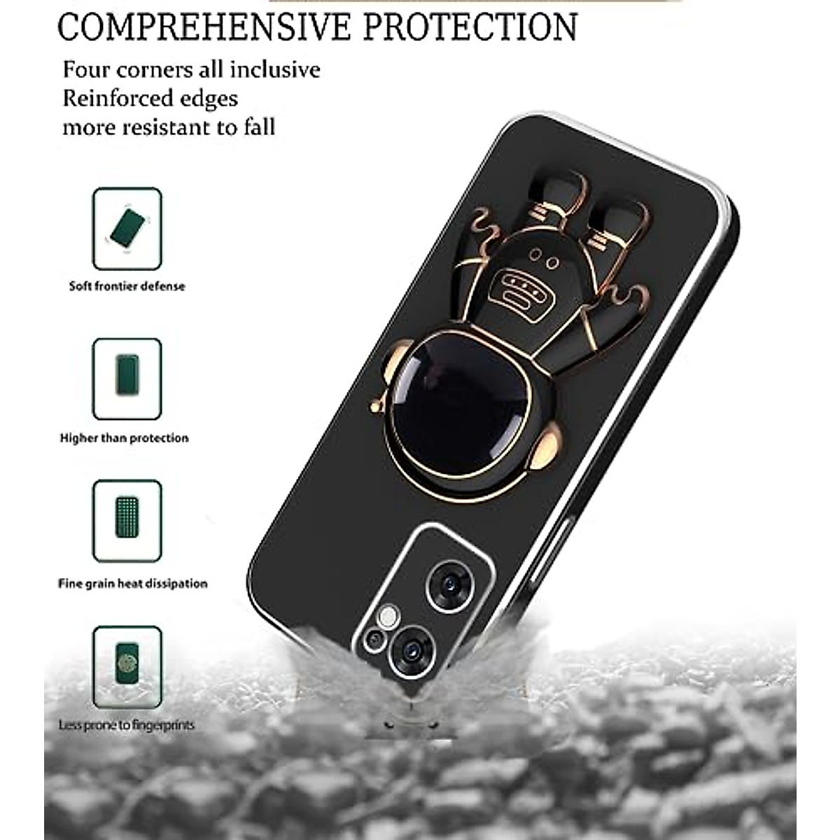 Jancyu for Oppo Find X5 Lite Case Silicone with Astronaut Kickstand, Shockproof Phone Case for Oppo Reno 7 5G with Cute Loopy Cover for Women with Design (Black)