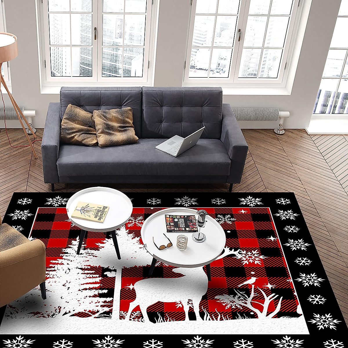 Seven Roses Rectangular Area Rug for Living Room, Bedroom, White Xmas Tree Elk Snowflake Non-Slip Residential Carpet, Kitchen Rugs, Red Buffalo Plaid Christmas Floor Mat with Rubber Backing 2' x 3'