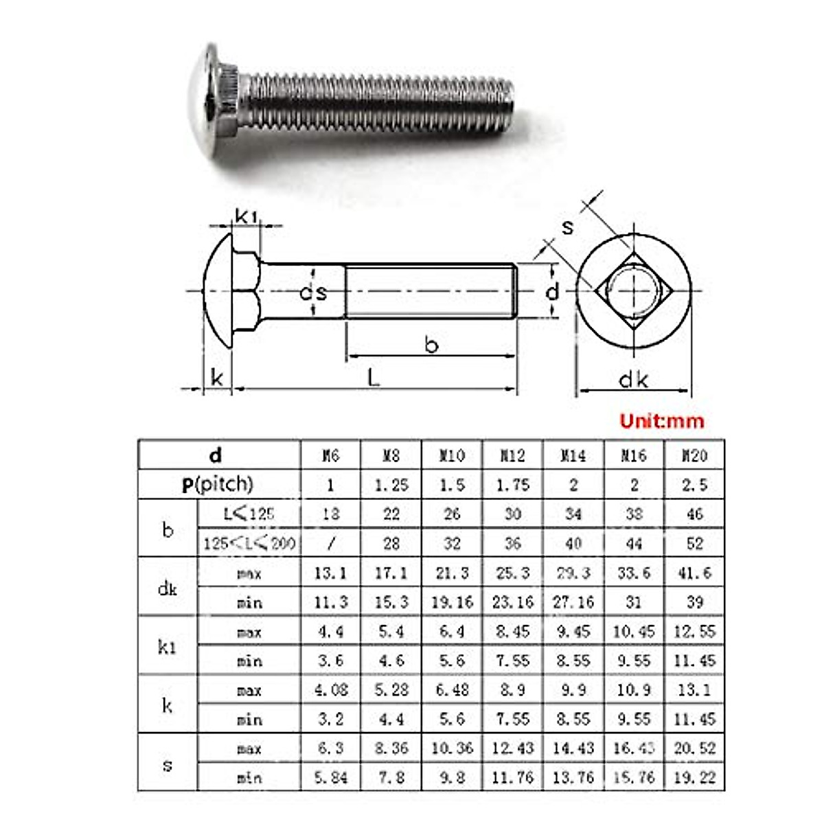 M10x60 Carriage Bolts 304 Stainless Steel Square Bolts (Pack of 10)