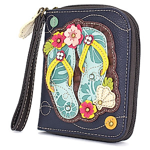 CHALA Zip Around Wallet, Wristlet, 8 Credit Card Slots, Sturdy Pu Leather - Flip Flop - Navy