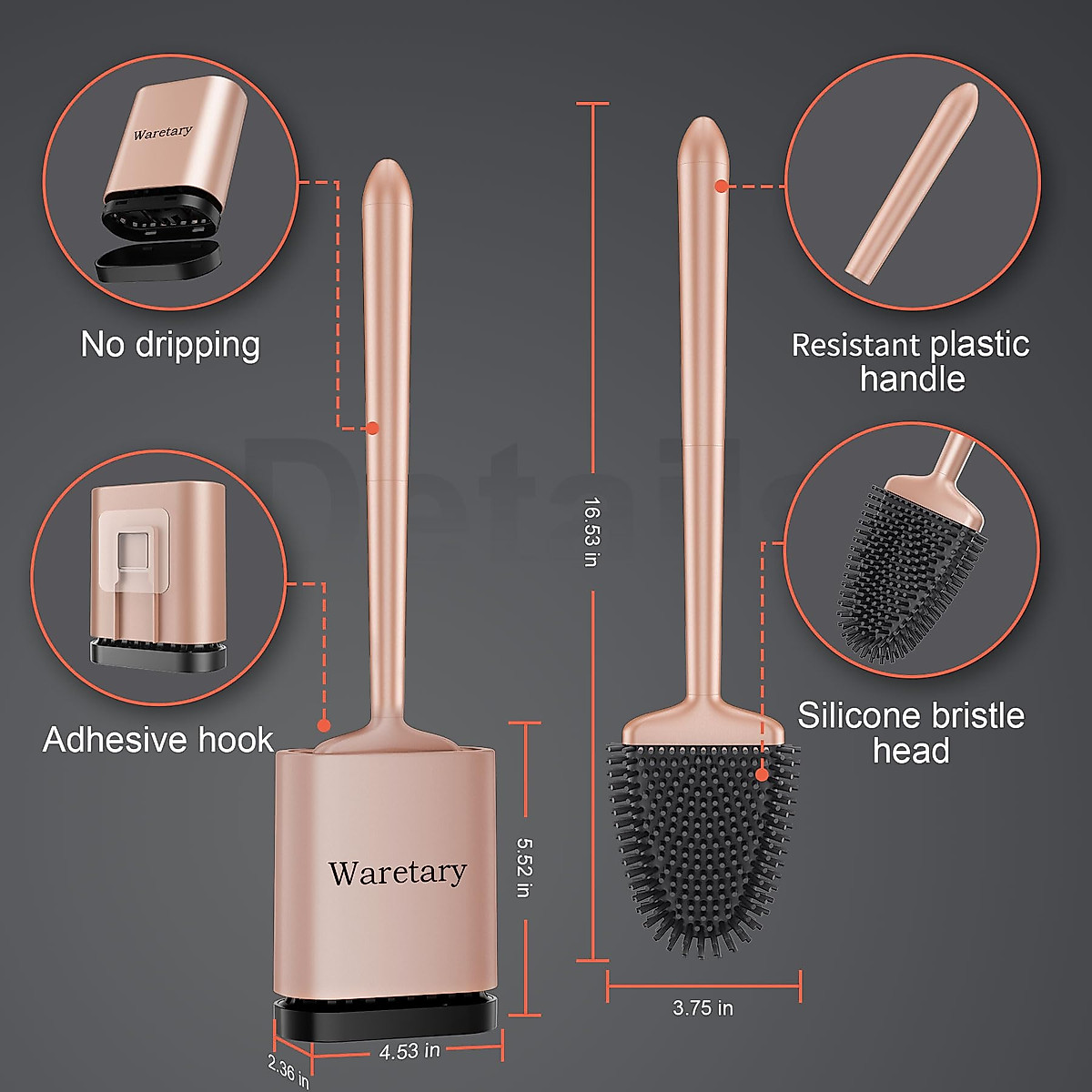 Silicone Toilet Bowl Brush with Holder: Long Handle Toilet Brush and Holder Set for Bathroom, Wall Mounted Toilet Scrubber Cleaner Brush(Gold)