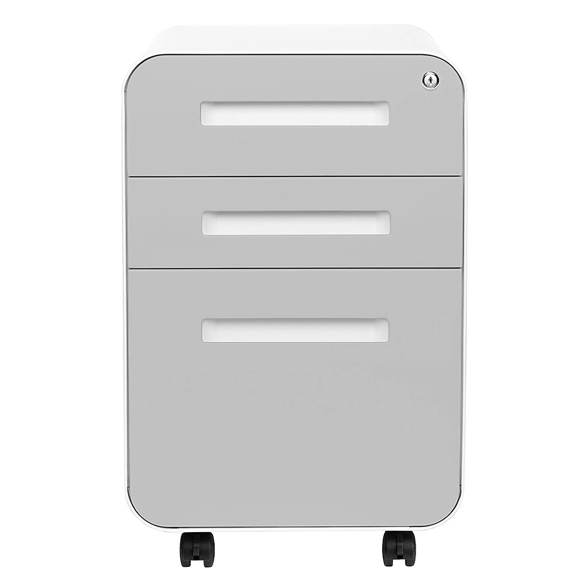 Laura Davidson Furniture Stockpile 3 Drawer File Cabinet with Lock - Under Office Desk Metal Filing Cabinet, Legal/Letter File Folders, Wheels and Stationary Feet, Pre-Assembled, Light Grey Faceplate