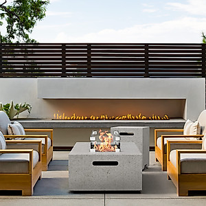 Essential Lounger 56 Inch Firepit Table for Outside, 50,000 BTU Rectangular Concrete Outdoor Firepit Tables, Large Propane Gas Fire Table with Waterproof Cover, Rocks, Side Handles - Grey