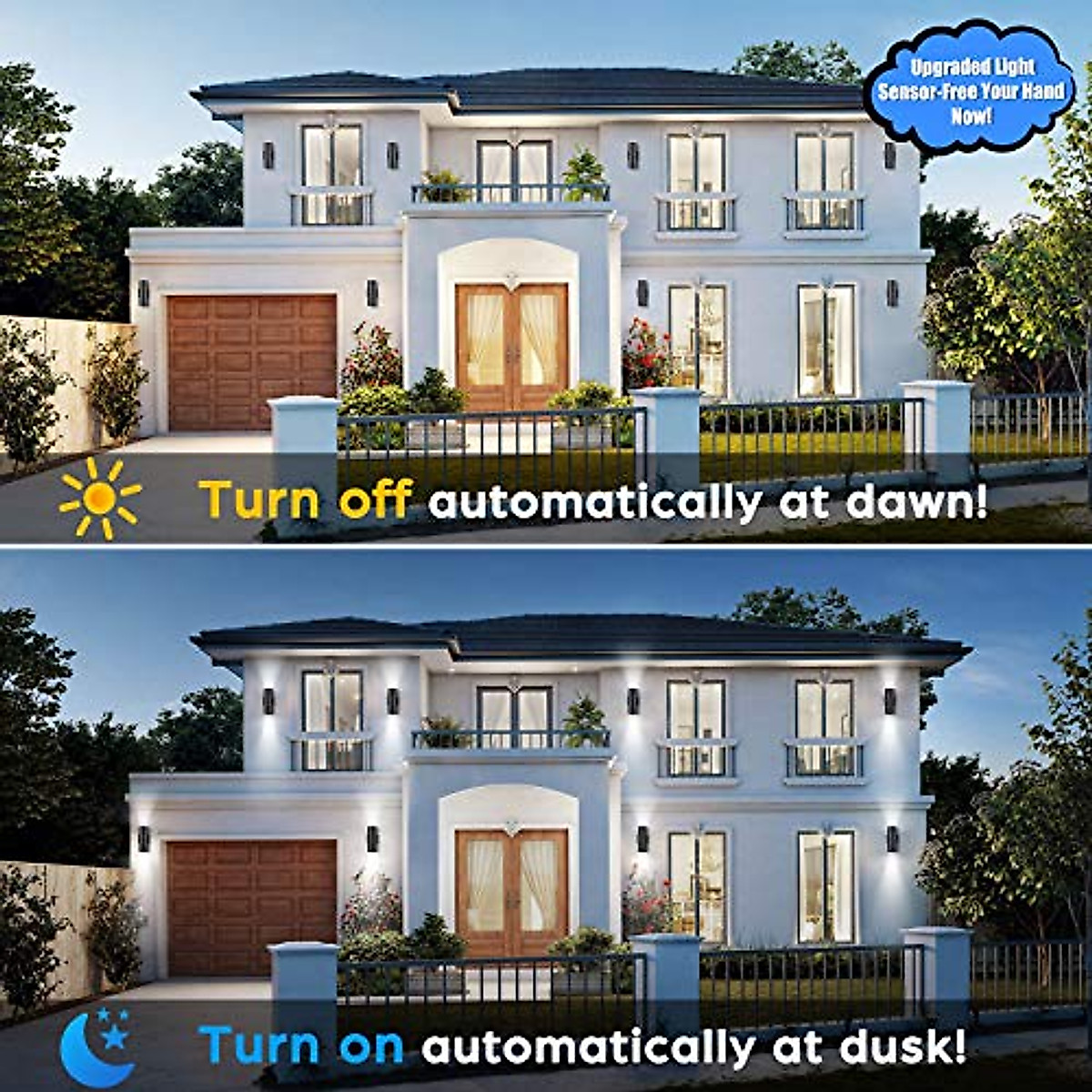 Modern Outdoor Wall Light with Dusk to Dawn Sensor, Exterior Light Fixture Wall Mount Waterproof Anti-Rust Cylinder, Up and Down 2 Lights Black Sconces for Porch Patio House Outside Entryway, 2-Pack