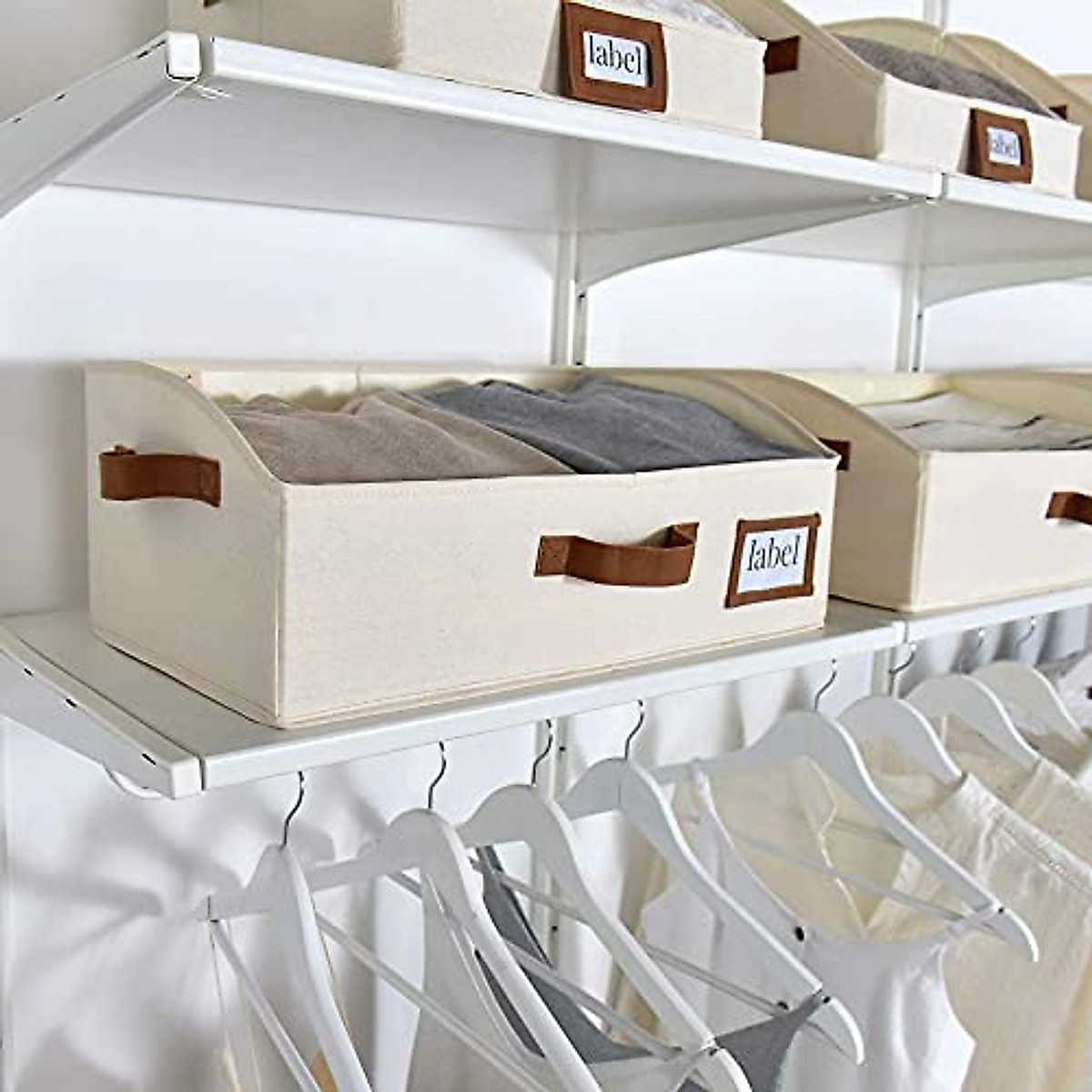 StorageWorks Closet Baskets, Canvas Baskets for Closet Shelves, Foldable Trapezoid Storage Bins with 3 PU Handles, Hand Wash, Ivory White, Jumbo, 3-Pack