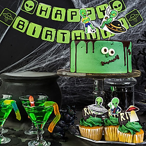 Whaline 53Pcs Alien Birthday Party Decorations Set Alien Balloons Assorted Alien Cupcake Toppers Alien Birthday Banner Outer Space Saucer Balloons UFO Hanging Swirls for Alien Birthday Party Decor