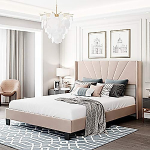 Woanke Queen Size Platform Bed, Velvet Upholstered Bed Frame with Headboard, Box Spring Needed, Beige