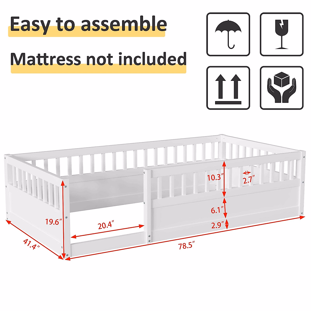 Twin Size Floor Bed with High Fence Rails, Solid Wood Montessori Floor Bed for Baby,Kids Twin Bed Frame for Girls, Boys, Floor Bed Without Slats as Kids Playground,White