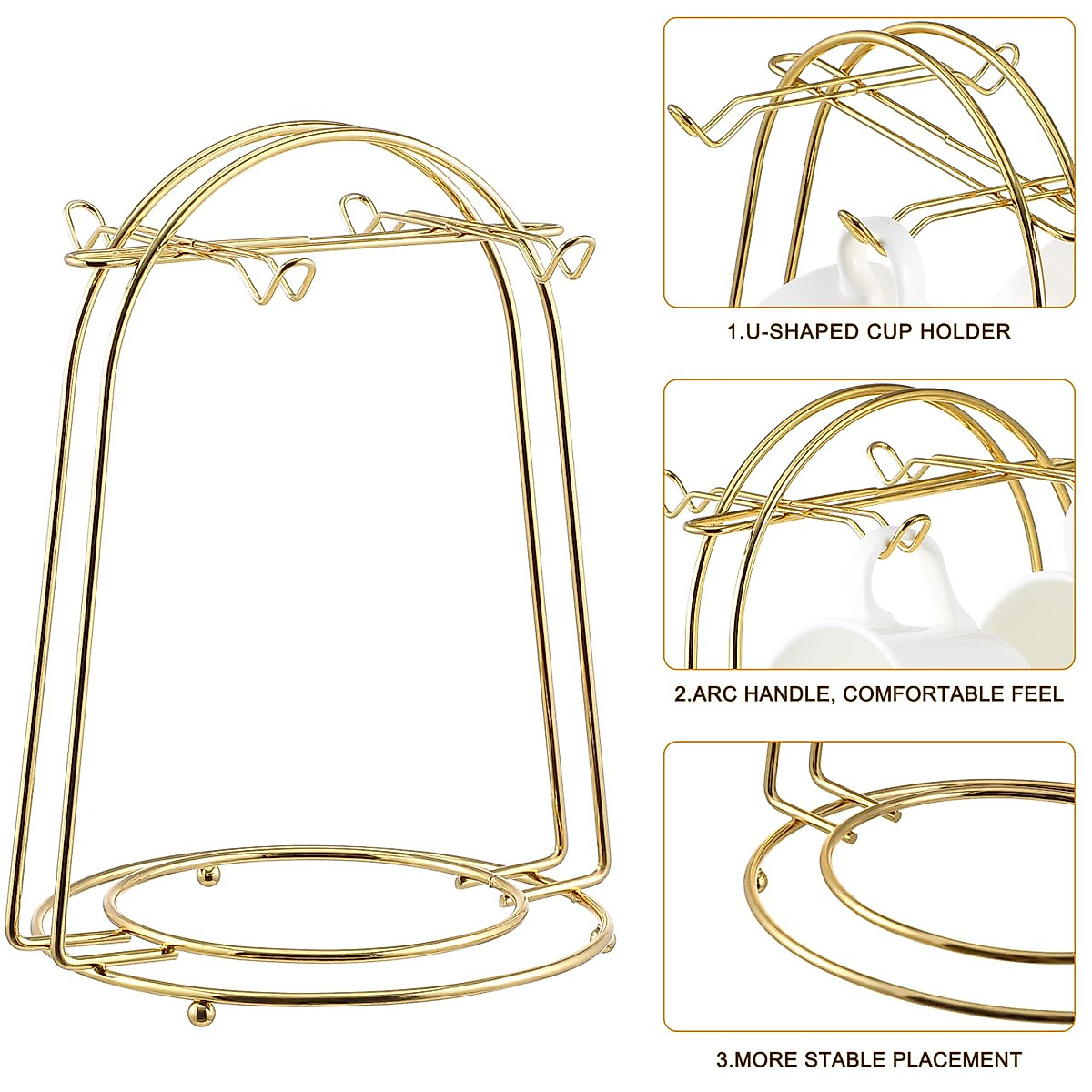 jojofuny Golden Metal Tea Mugs Display Stand 4 Hook European Style Cups Holder Tree Wrought Iron Saucer Organizer Rack for Coffee Home Jewelry Entryway Key Bar Accessories