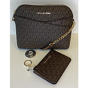 Michael Kors MICHAEL Michael Kors Jet Set Travel MD Dome XCross Crossbody bundled with SM TZ Coinpouch Purse Hook (Signature MK Brown)