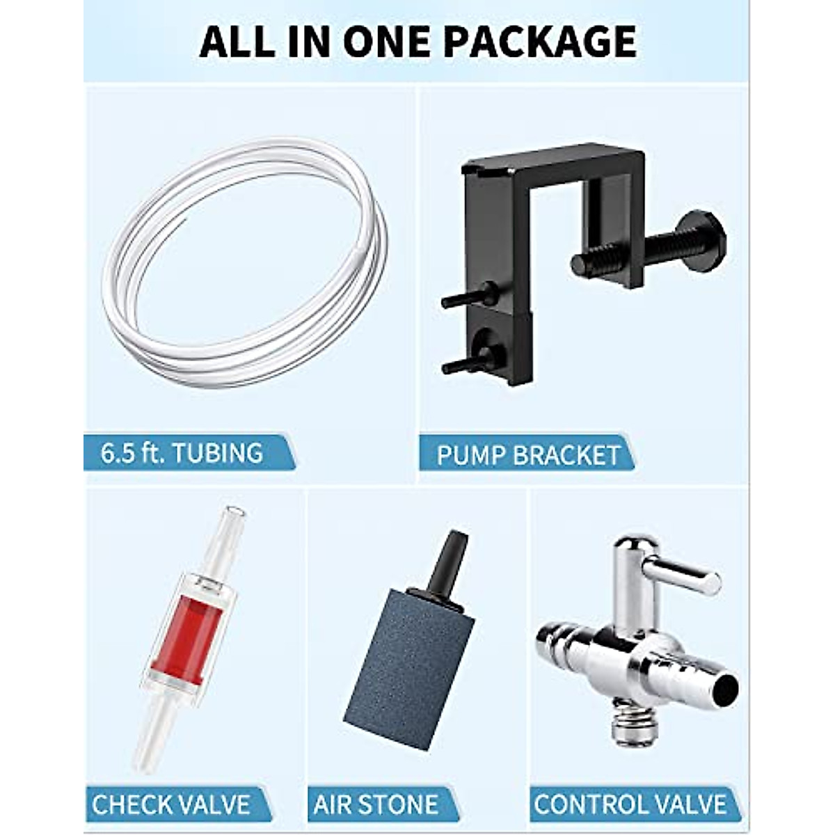 Pawfly Mini Aquarium Air Pump for 3-20 Gallon Nano Fish Tanks 15 GPH Oxygen Aerator Pump with Bracket Airline Tubing Air Stone Control Valve and Check Valve Accessories