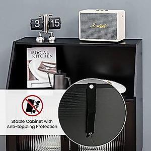 Giantex Buffet Cabinet with Storage, Farmhouse Sideboard with Open Shelves & Tempered Glass Door, Mid Century Free-Standing Kitchen Cupboard for Living Room Hallway, Black