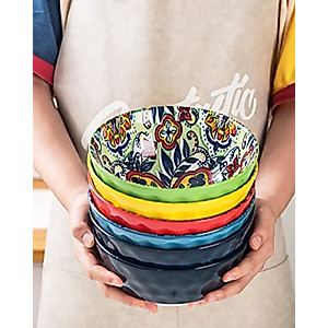 HENXFEN LEAD Ceramic Cereal, Soup Bowls Set of 6-25 Oz Deep Colorful Porcelain Serving Bowls for Dinner, Pasta, Salad, Oatmeal - Bohemian Style