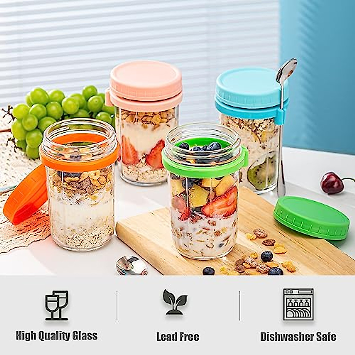 wookgreat Overnight Oats Jars, Overnight Oats Container with Leakproof Lid and Spoon Set of 6, 16 Oz Glass Mason Jars, Large Capacity Wide Mouth Jars with Measure Marks for Cereal Milkshake Meal Prep