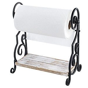 MyGift Black Metal Countertop Paper Towel Holder with Decorative Scrollwork Design and Whitewashed Wood Condiment Rack Storage Display Shelf