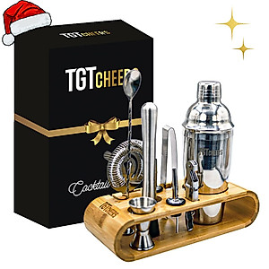 TGT CHEERS Cocktail Shaker Set with Stylish Bamboo Stand 11-pcs | Home Mixology Bartender Kit Gift Box | Cocktail Making Barware tool Set Mixer 25 oz Coctelera Perfect for Home Christmas Gift for him