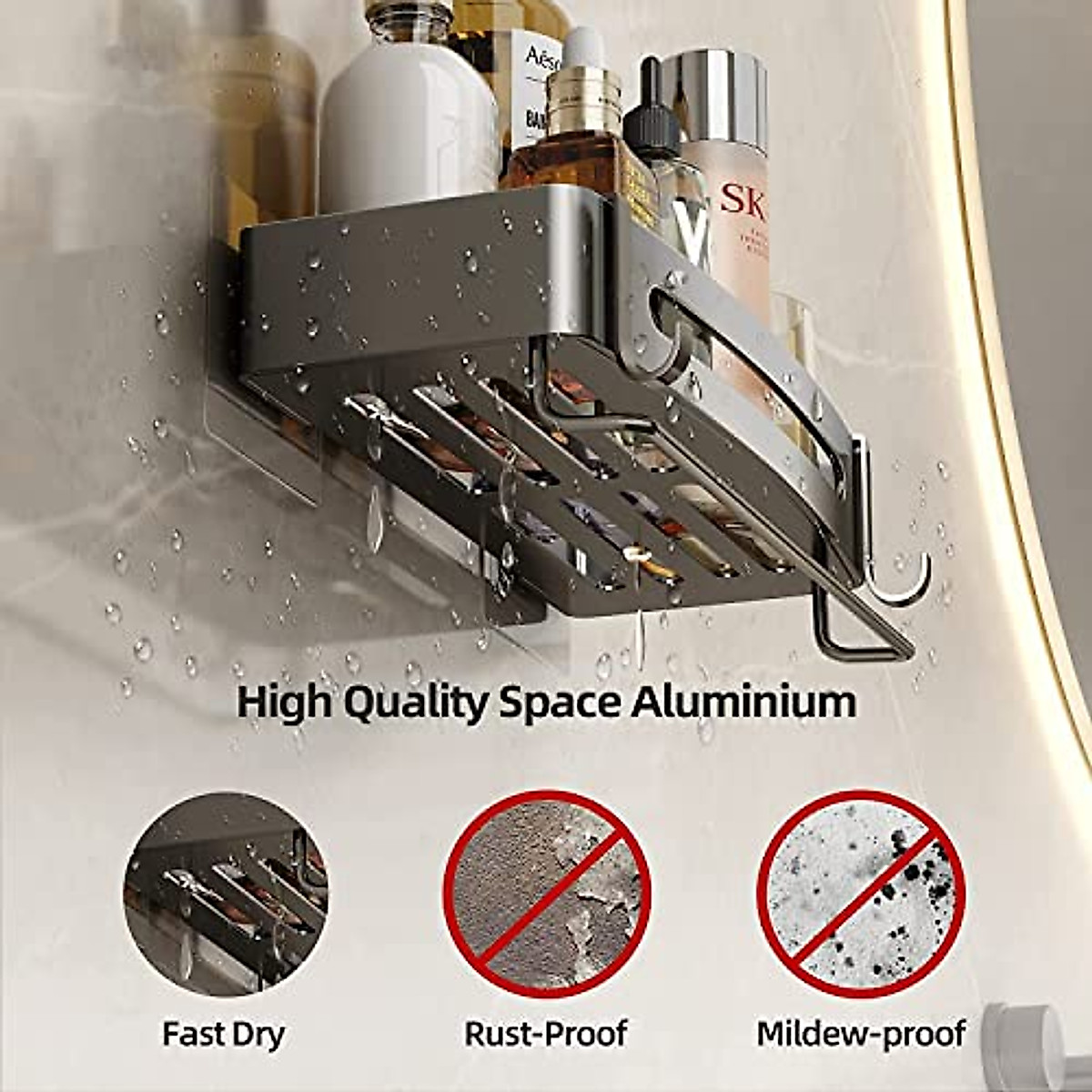 Mustorn Shower Shelves Adhesive Shower Caddy Gray Shower Organizer 2 Pack Shower Rack Rustproof Bathroom Shelf with Towel Bar and Removable Hooks