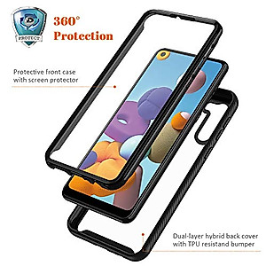 seacosmo Case for Samsung A21, Full Body Shockproof Cover [with Built-in Screen Protector] Slim Fit Bumper Protective Phone Case for Samsung Galaxy A21 - Black/Clear
