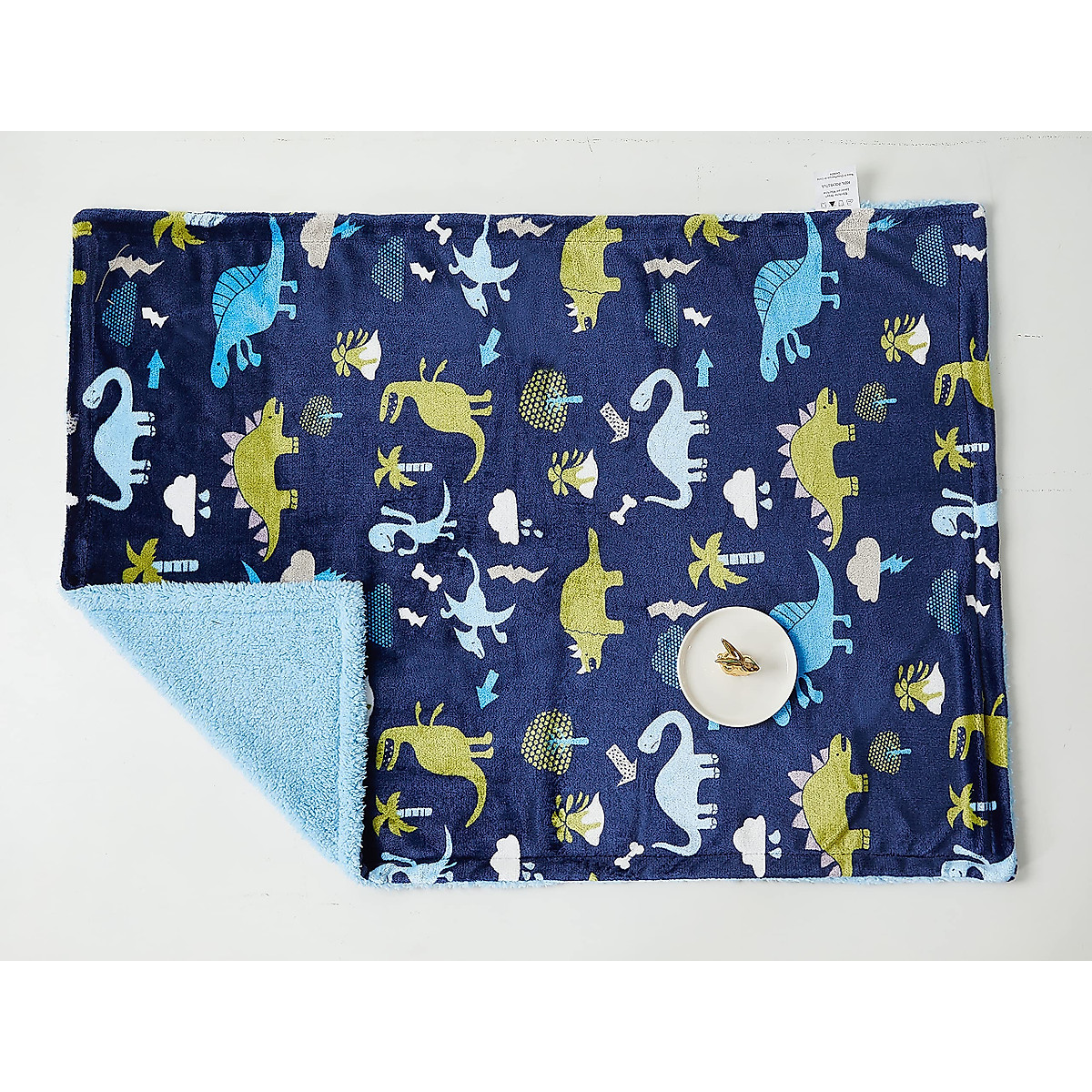 Marina Decoration Reversible Rich Printed Woven Fluffy Plush Soft Warm Flannel Fleece Sherpa Kids Children Blanket, 30 x 40 Inch Green Blue Color Dinosaur Zoo with Navy Blue Base Pattern