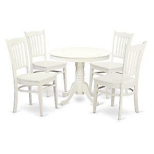 East West Furniture ANGR5-LWH-W 5 Piece Dining Table Set for 4 Includes a Round Kitchen Table with Pedestal and 4 Dining Room Chairs, 36x36 Inch, Linen White