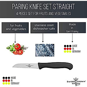 Sword & Crown Professional (Made in Germany, Solingen) Paring Knife Set of 4 Easy to Grip, Super Sharp, Rust and Corrosion Free Dishwasher Safe 3" Paring Knives/Vegetable Knives (4 piece)