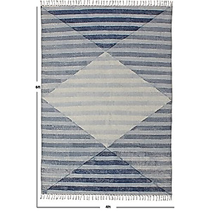 Casavani Hand Block Printed Cotton Dhurrie Striped Blue Tassel Rug Easy Care Washable Rugs for Doormat Entryway Living Room Bedroom Hallway Balcony 2x3 Feet