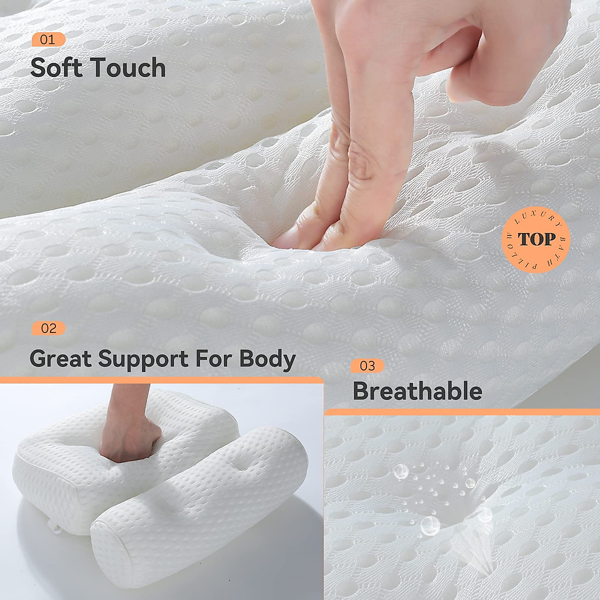 Docilaso Bath Pillow, Quick Dry Bathtub Pillow with 4D Air Mash Technology and 7 Suction Cups for Neck and Back Support, Suitable for All Bathtub, Hot Tub, Jacuzzi and Home Spa