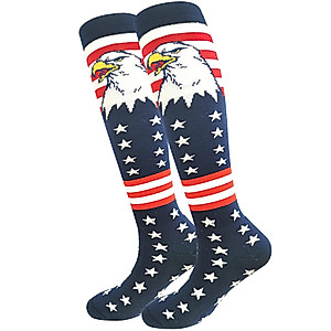 BUENWAZ Men's American Flag Baseball Socks, Athletic Knee High Football Sock, Patriotic Over the Calf Socks (1 Pack, Eagle, Size 8-12)