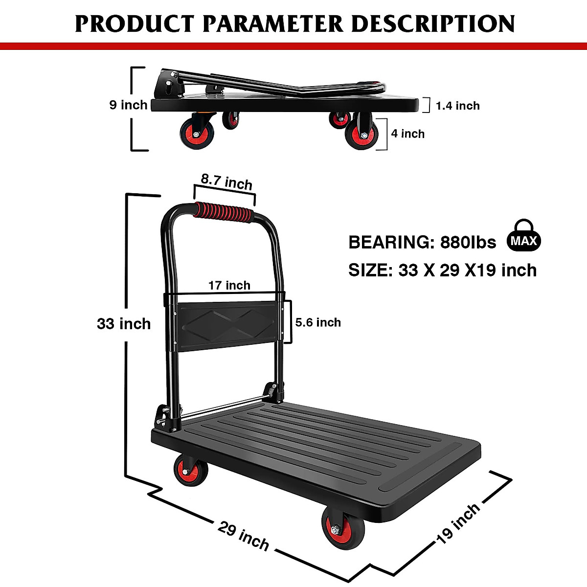 Platform Trucks Push Cart Dolly Heavy Duty with 880 LBS Capacity and Swivel Wheels 29"x19" Flatbed Hand Cart Flat Dolly Cart Easy Moving Storage for Groceries, Office, Garage, Warehouse