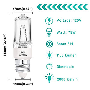YBEK JDE11 75W 120V Halogen Bulb T4 Mini Candelabra Base Warm White 2800K Dimmable JD E11 Bulbs(Pack of 5)